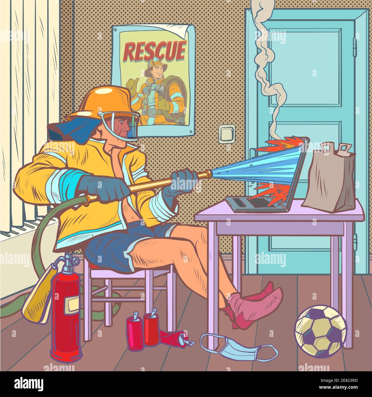 a firefighter puts out a fire with water, online homework. Hot ...