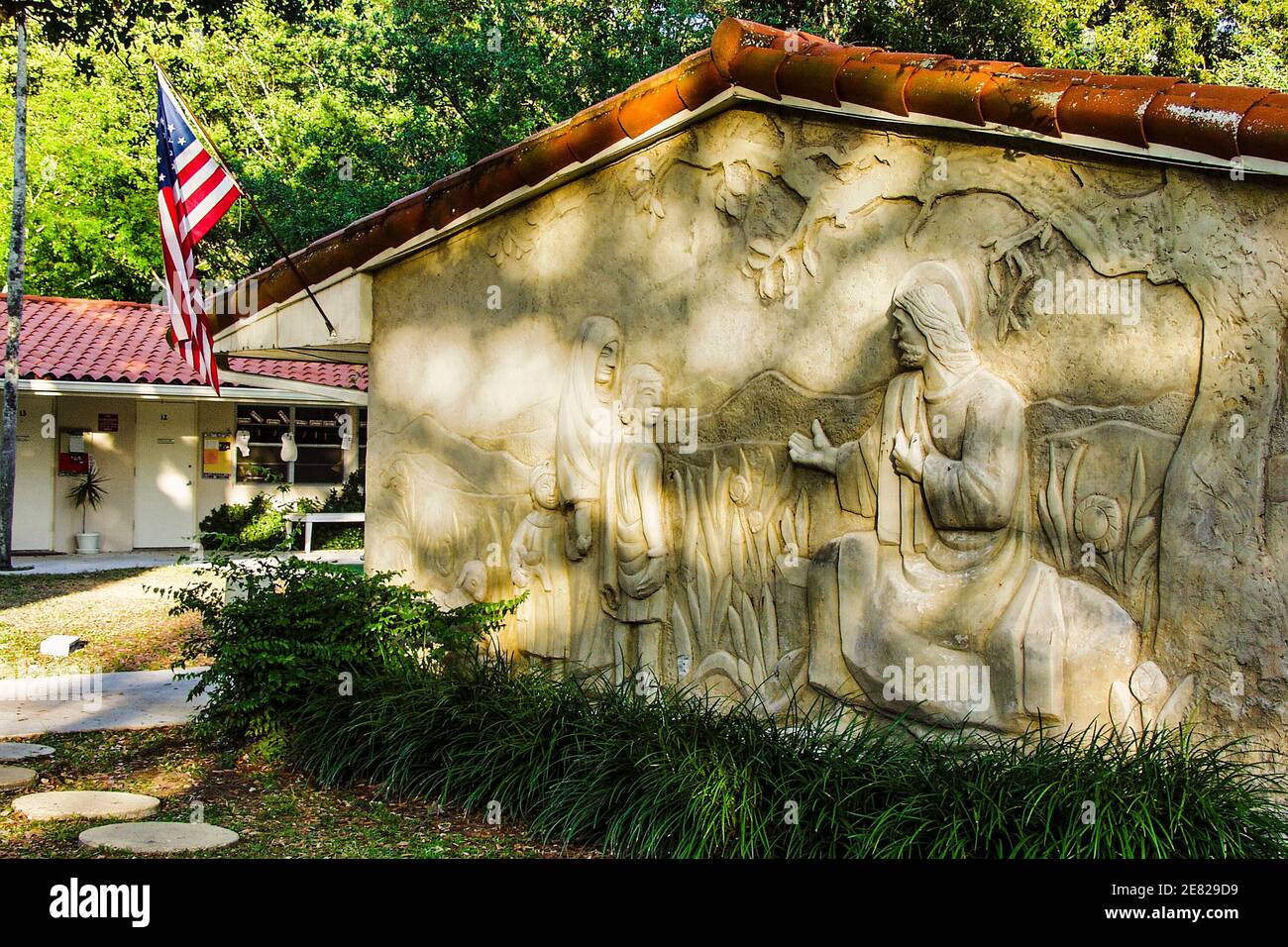 A stone relief Biblical sculpture on the Sunday School Building of ...