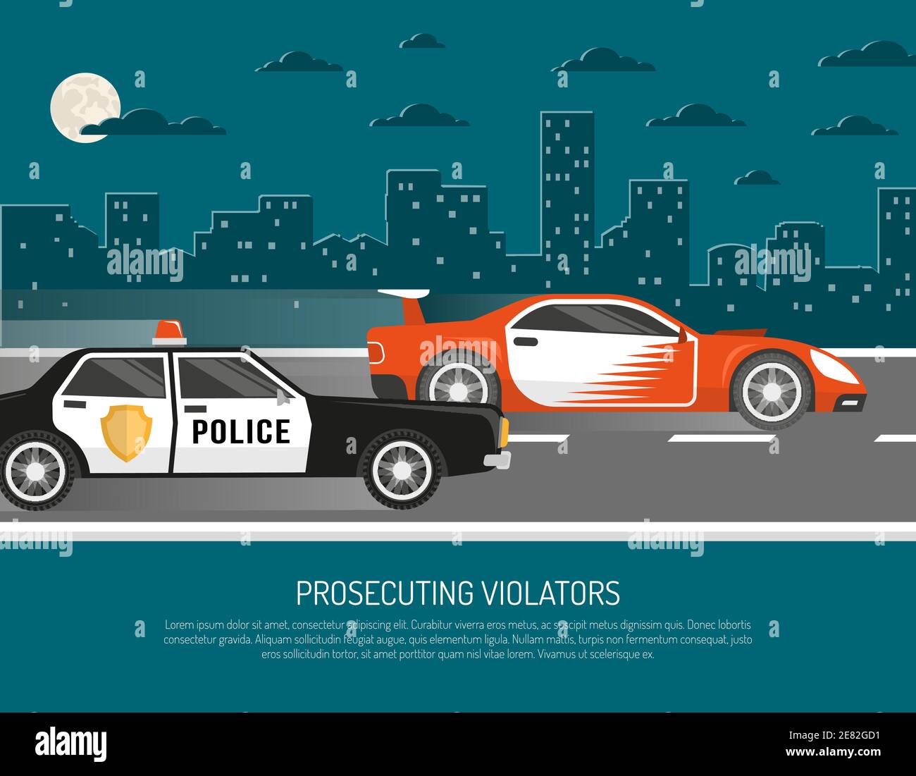 Street racing in city scene with chasing police car approaching ...