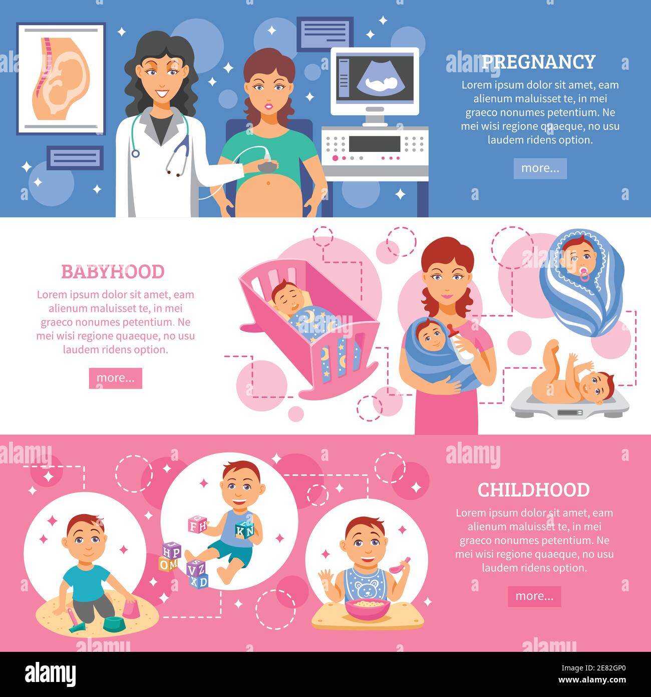 Parents horizontal flat banners set with childhood and babyhood symbols ...