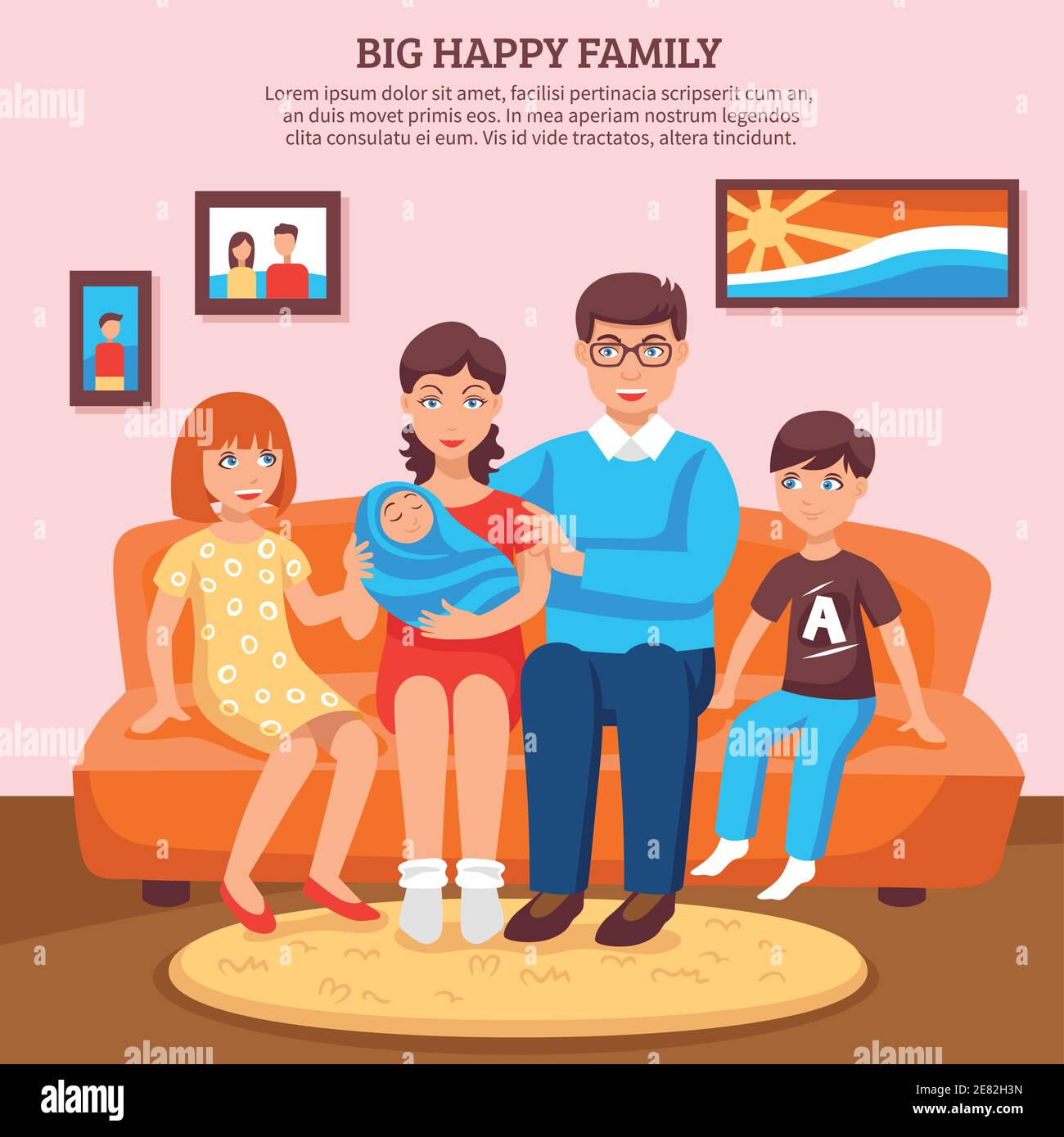 Big happy family with parents and children flat background vector ...