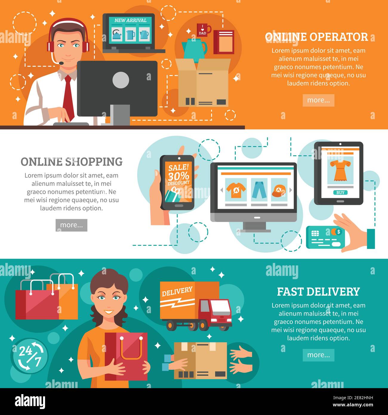 E-commerce horizontal banners set with online shopping symbols flat ...