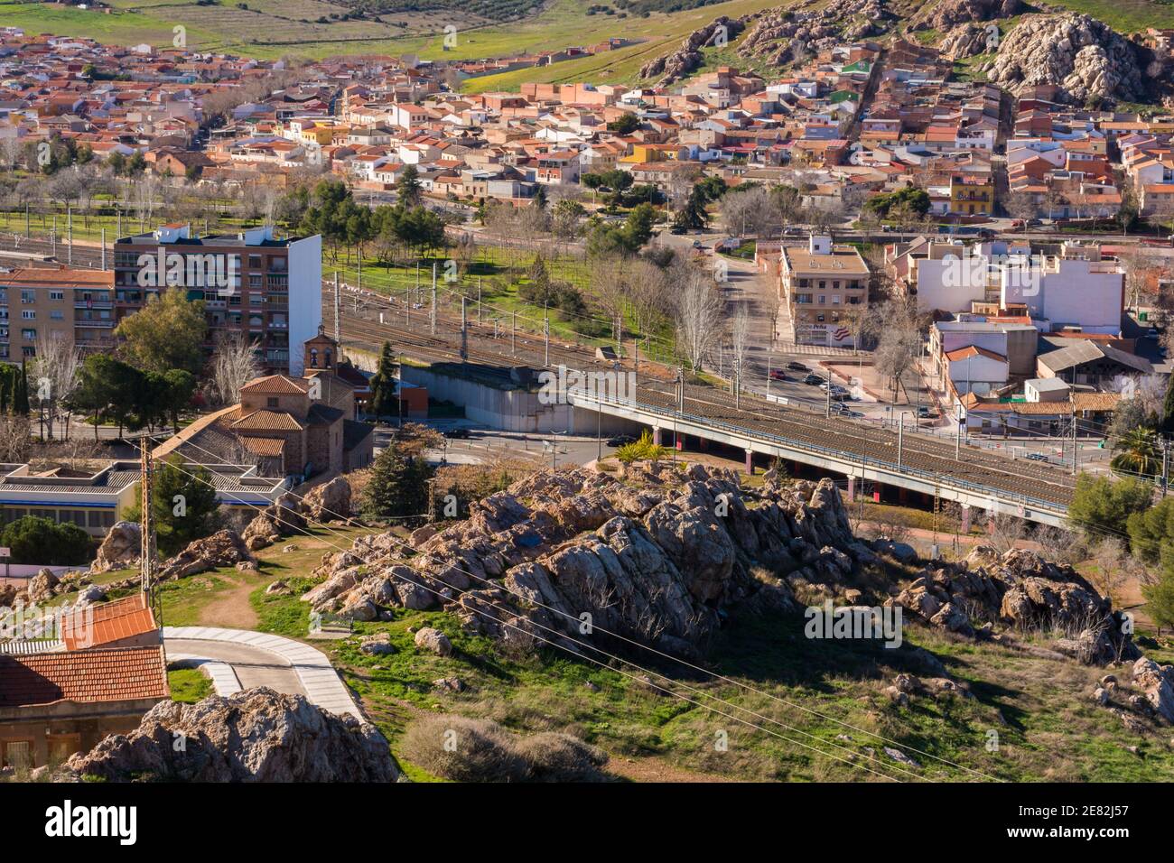 Puertollano, Ciudad Real (Spain). View of the AVE Bridge and the Virgen ...