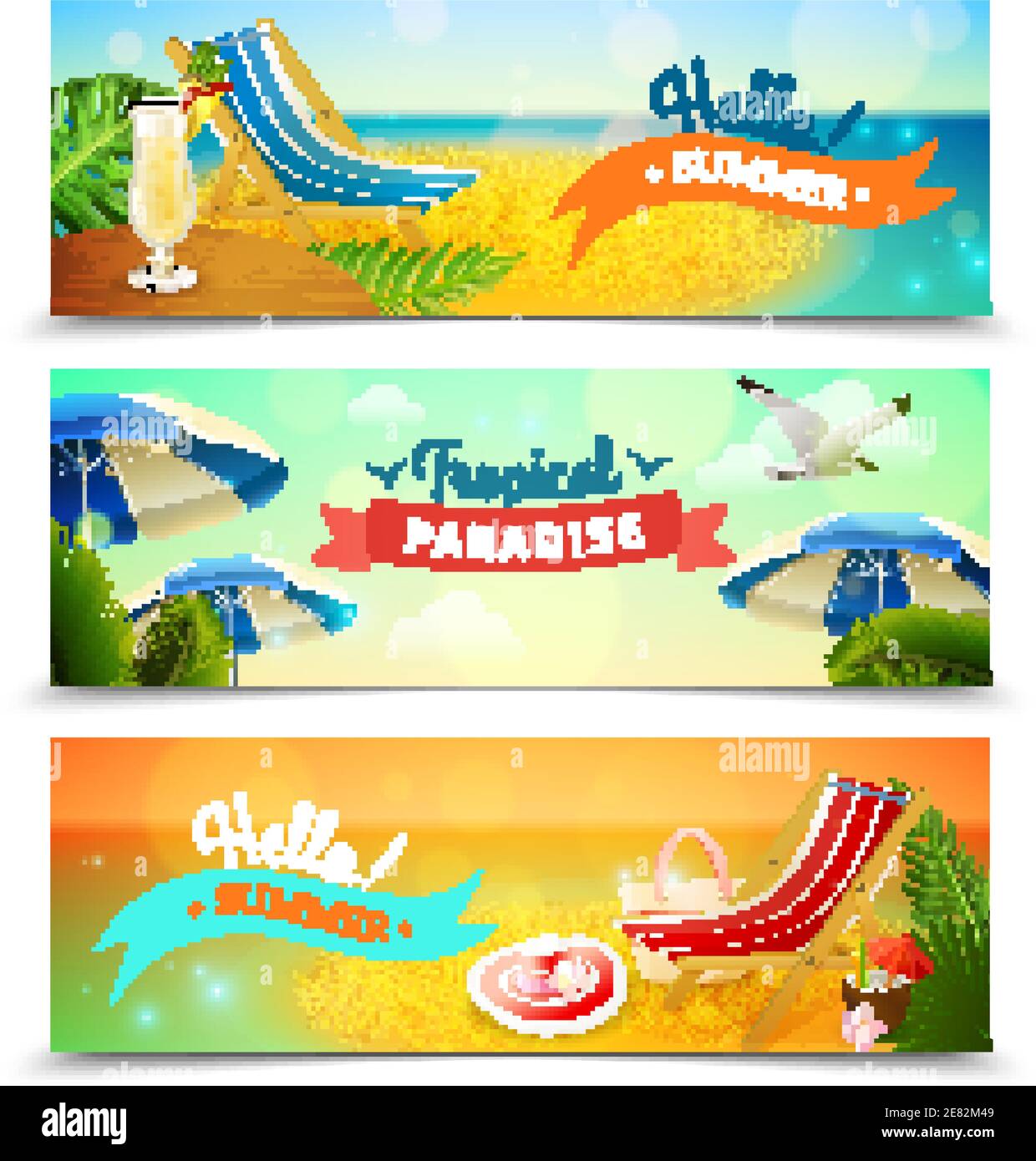 Tropical beach resort horizontal banners set with deck chair and ...