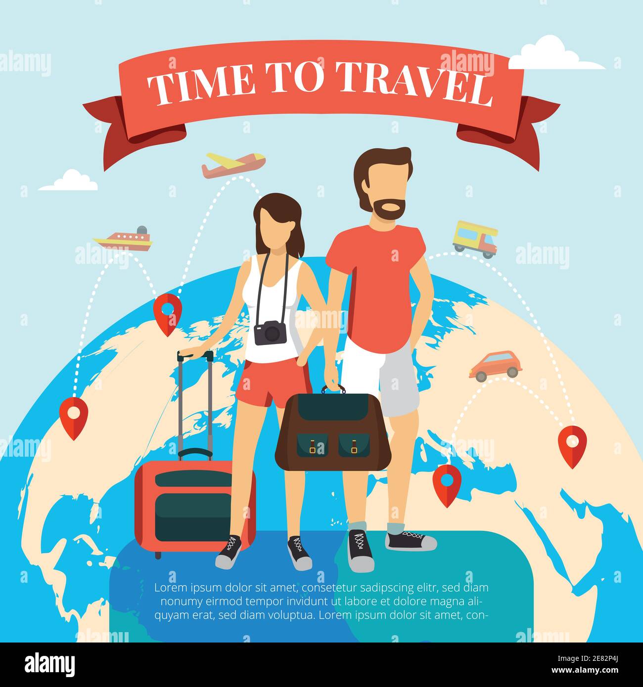 Time to travel flat poster with tourists couple standing with baggage ...
