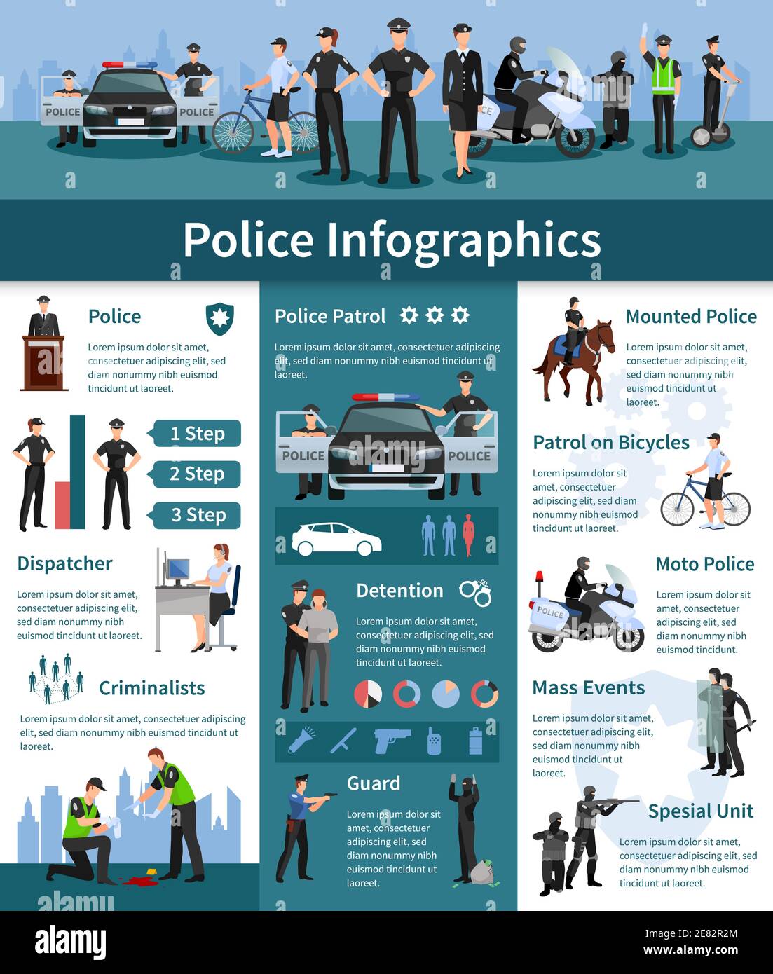 Police people flat infographics layout with mounted police dispatcher ...
