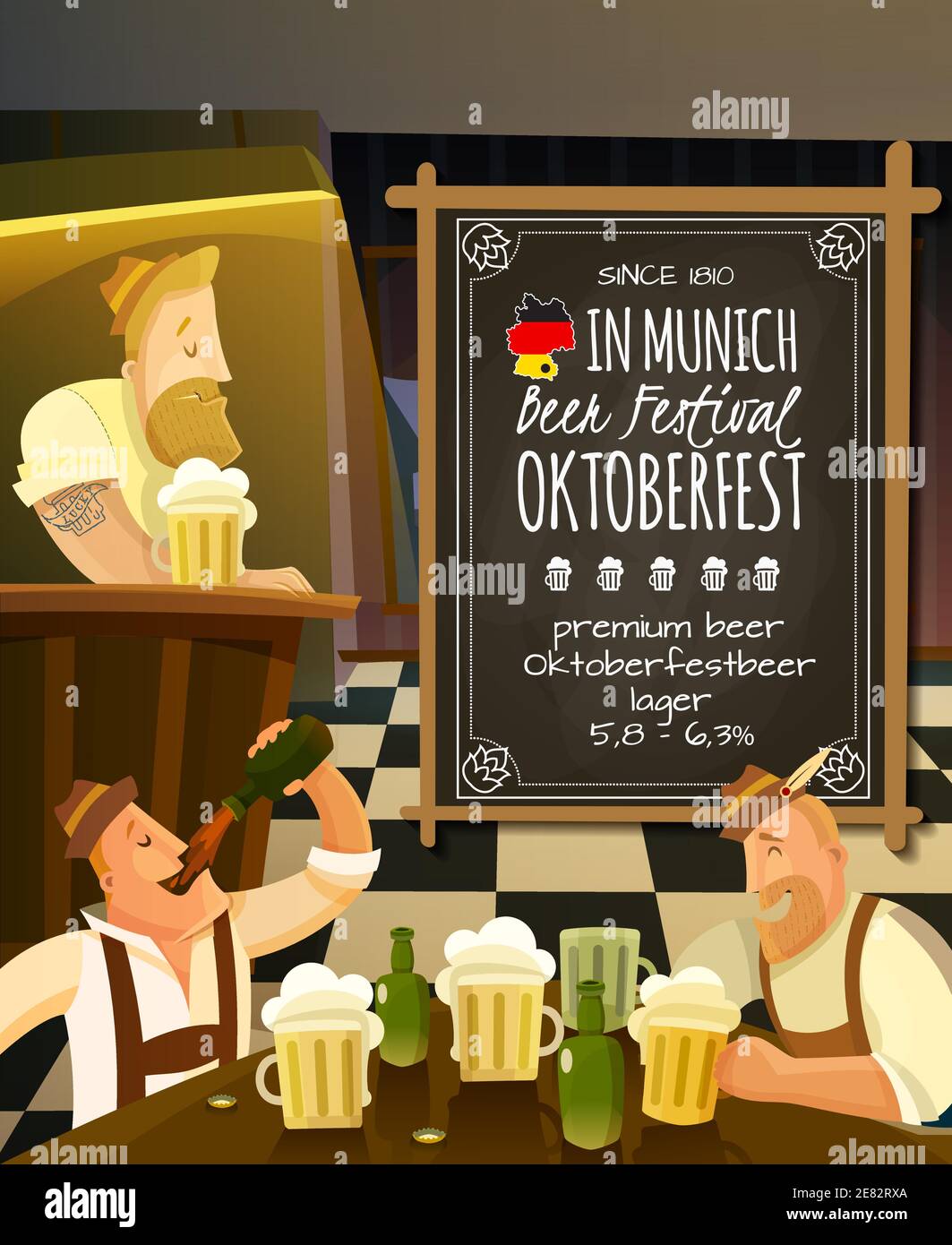 Octoberfest festival in pub cartoon background with beer and people ...