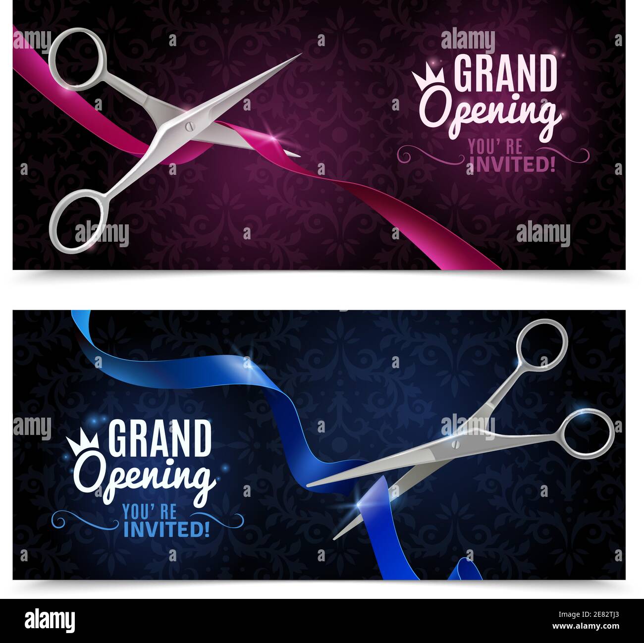 Grand opening realistic horizontal banners set with scissors and ribbon ...