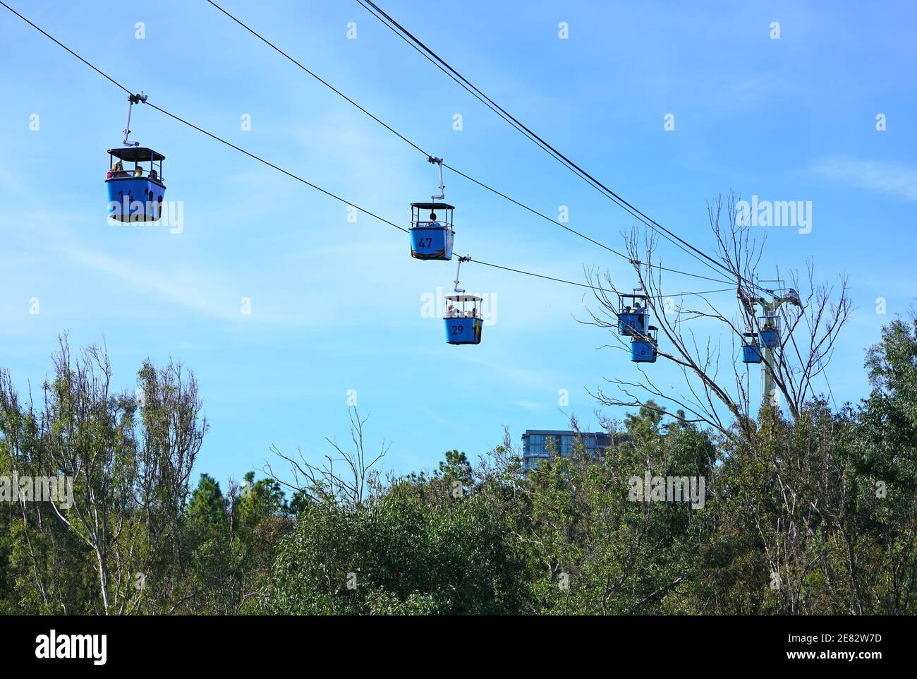 SAN DIEGO, CA -3 JAN 2020- View of aerial tram gondolas above the San ...