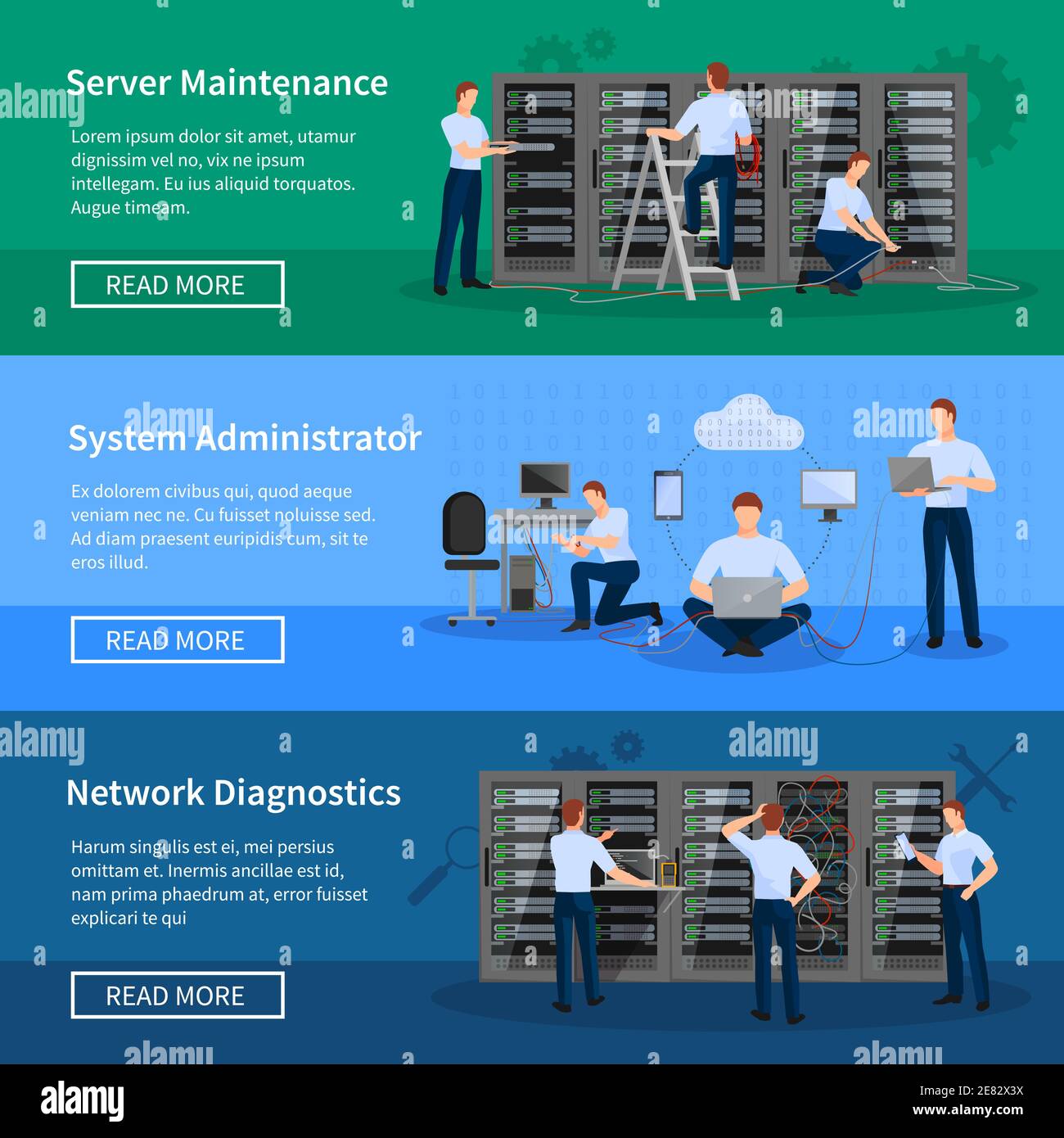 IT administrator horizontal banners with network engineers working in ...