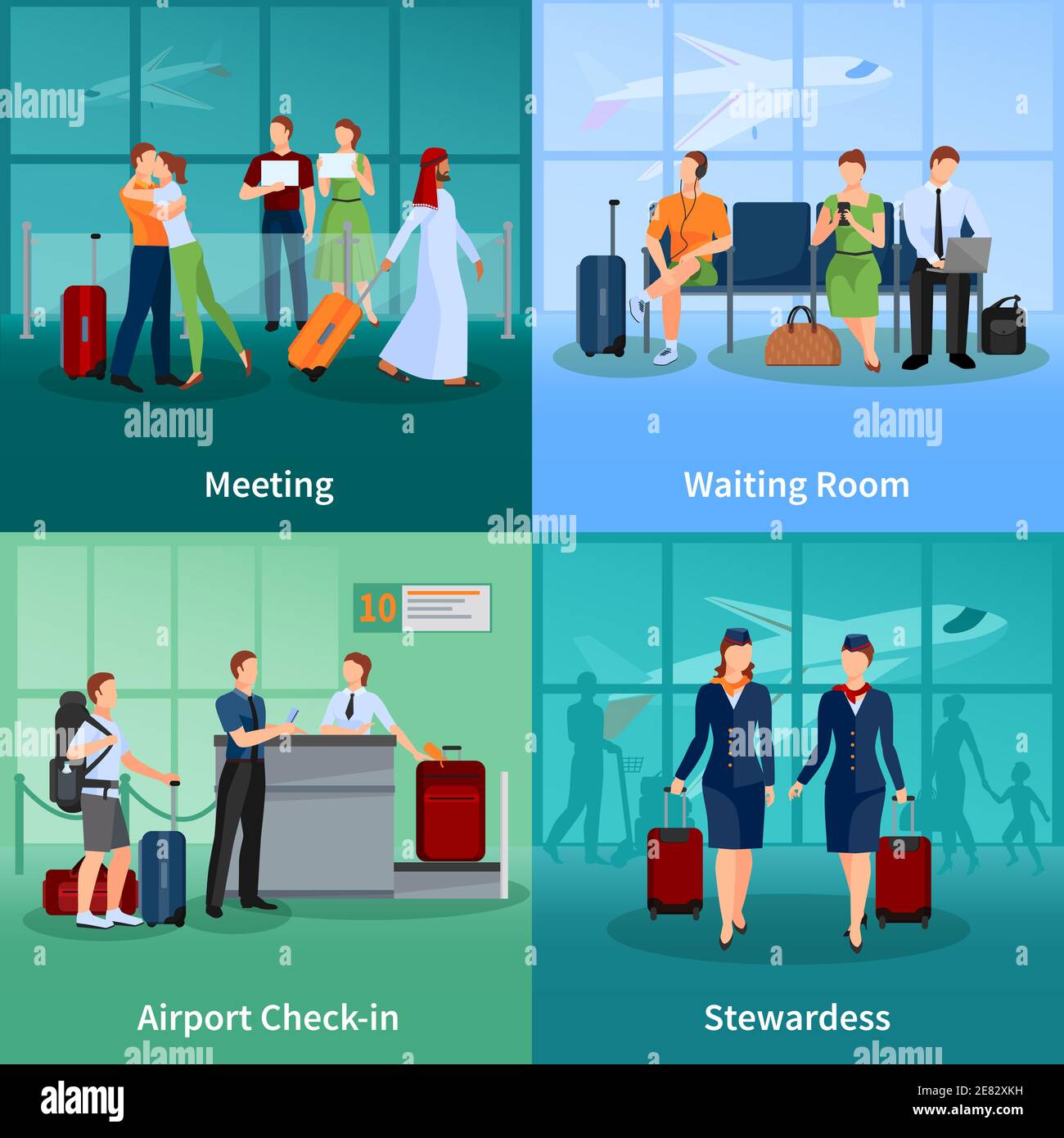 Airport flat 2x2 design concept set of passengers with baggage meeting ...