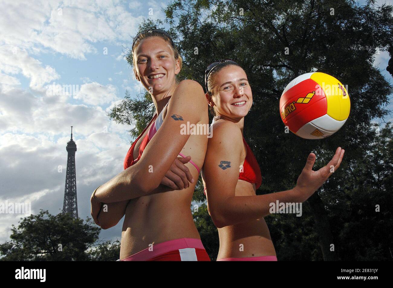(R-L) The french team of beach volley, Virginie Sarpaux and Morgane Faure, poses for our ...