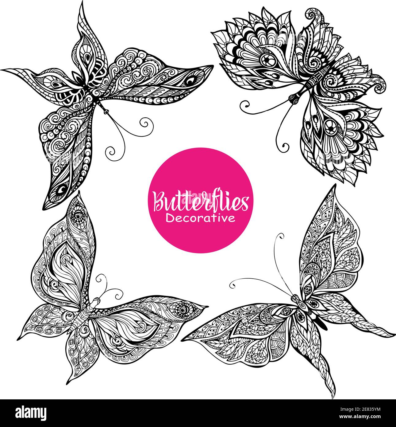 Decorative butterflies set with ornamental decor on wings isolated ...