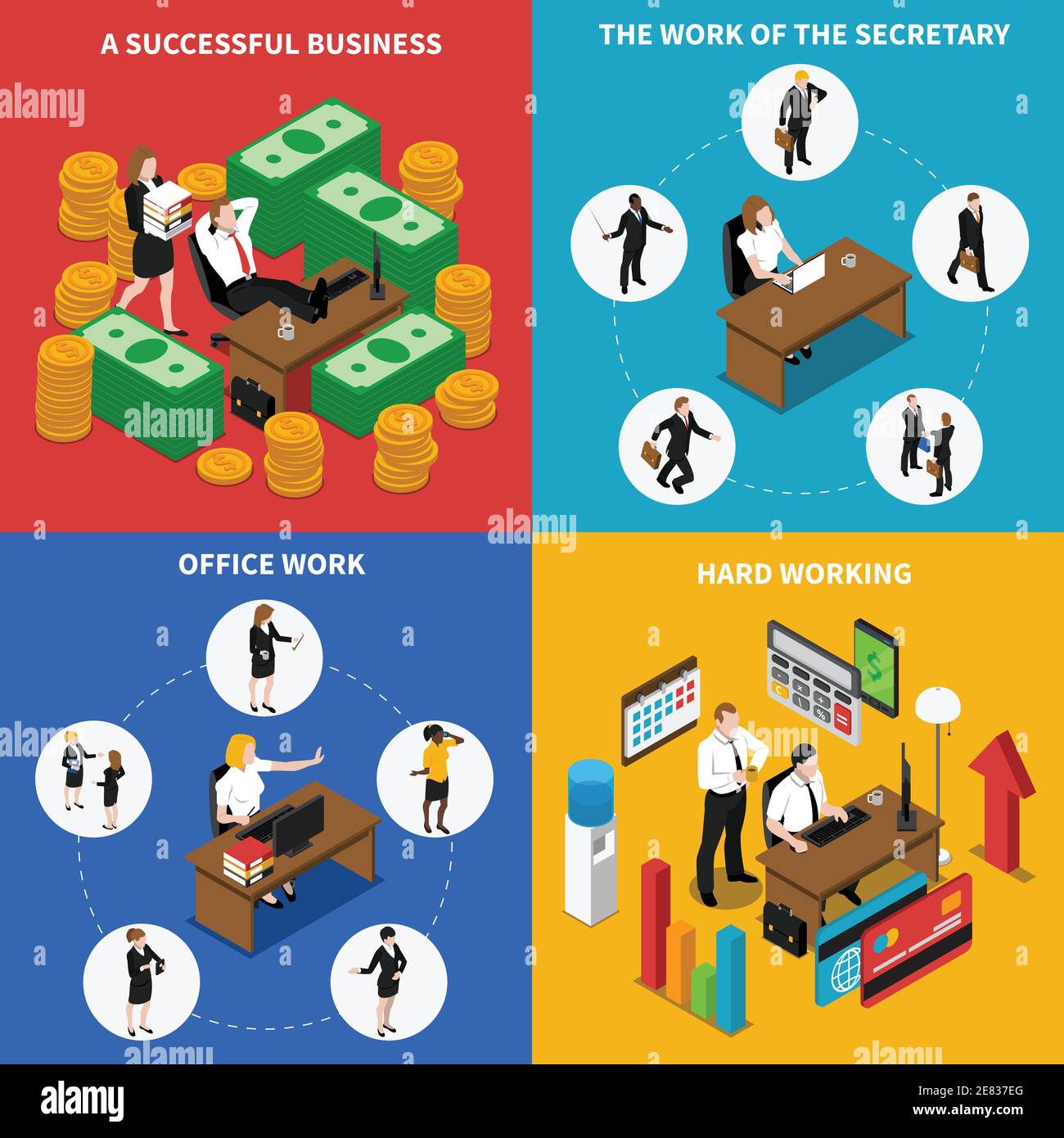 Business office work concept 4 isometric icons square poster with ...