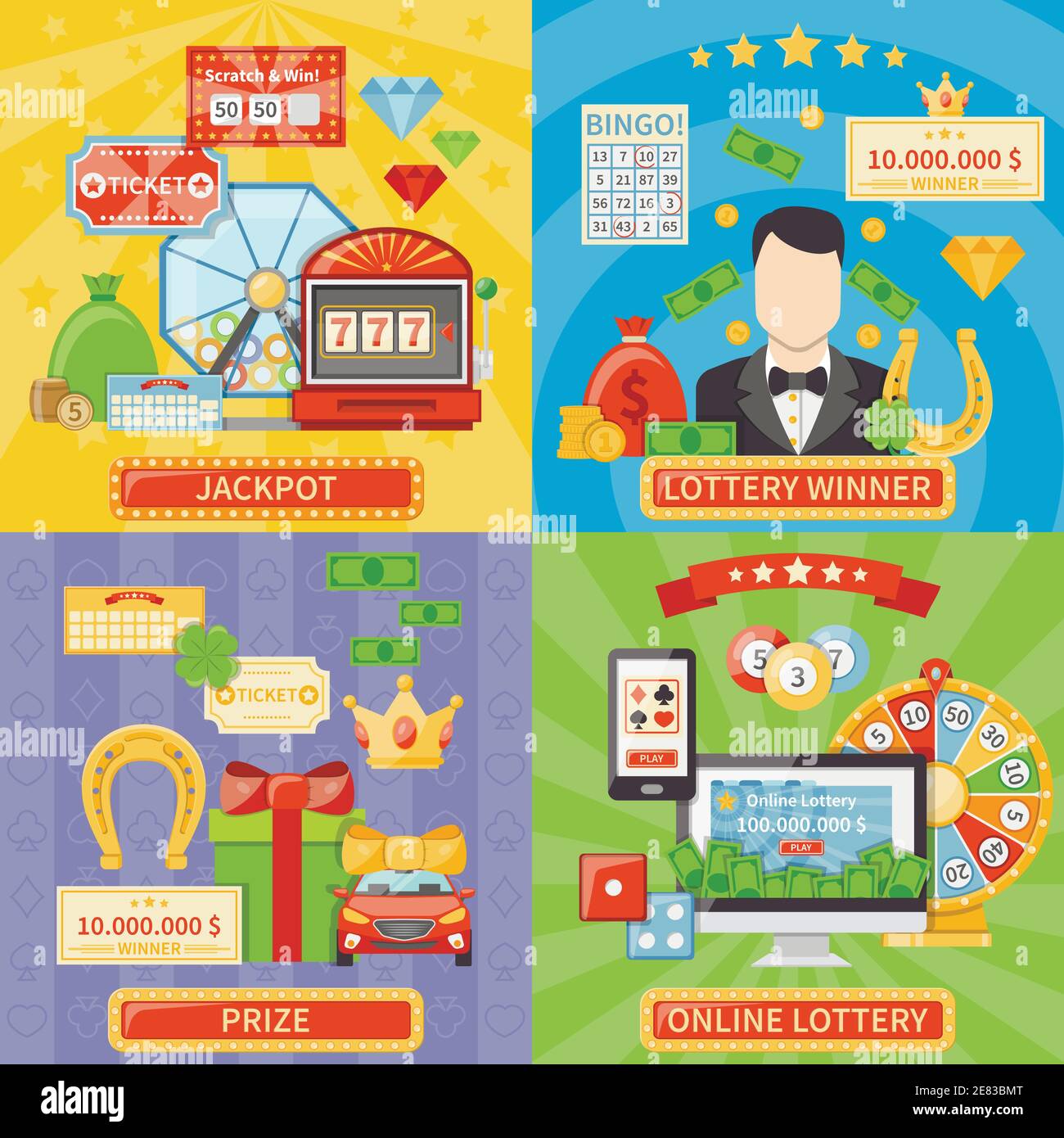 Lottery 2x2 design concept set of online lottery and jackpot ...