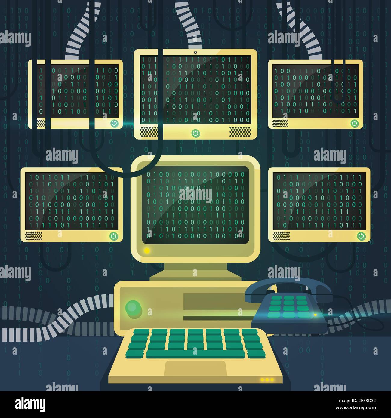 Phone old computer monitors with matrix flat vector illustration Stock ...