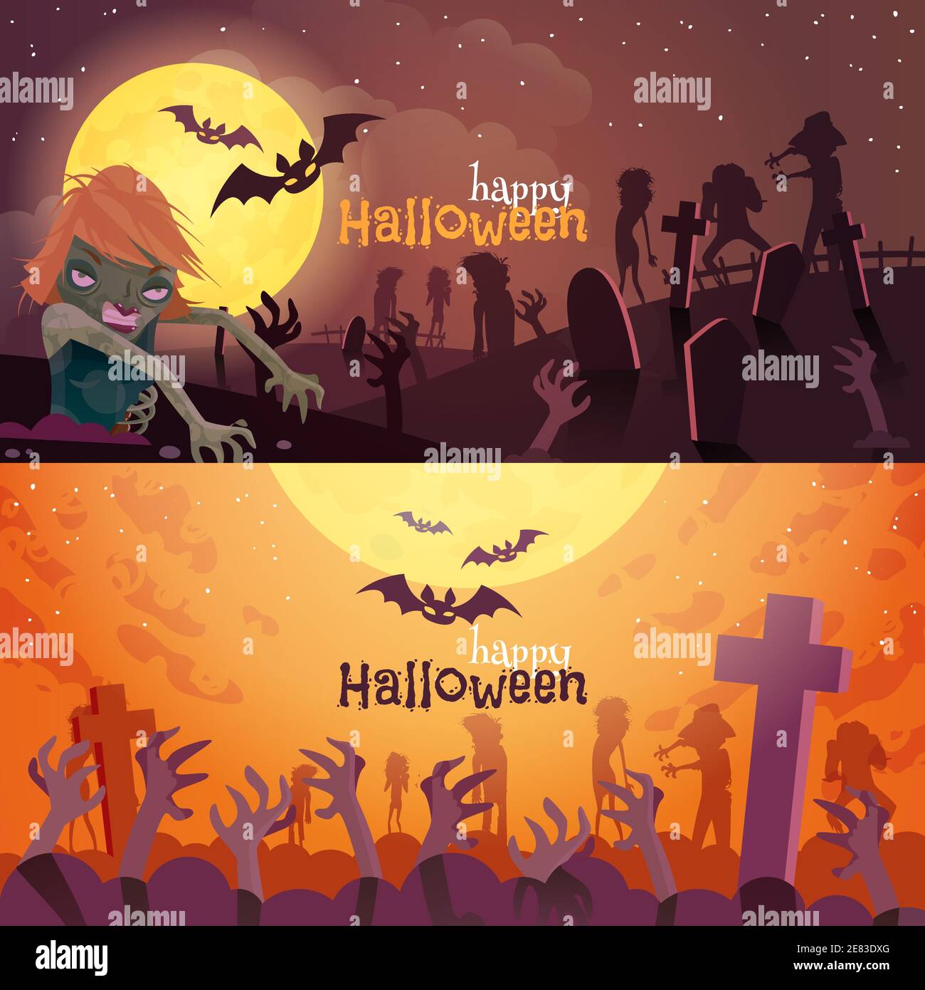 Halloween horizontal cartoon banners set with zombie isolated vector ...