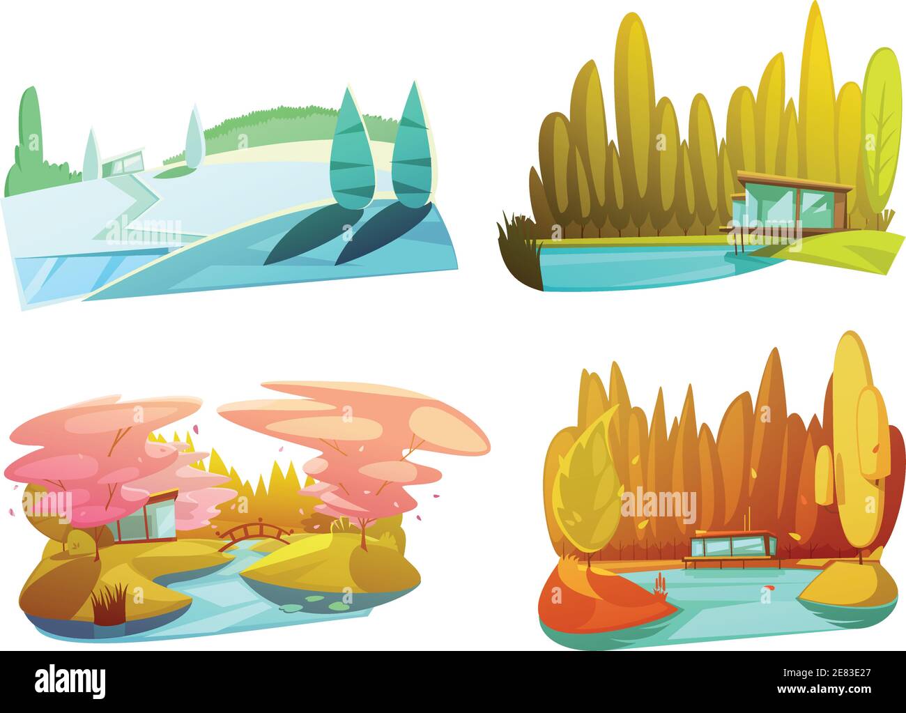 Nature landscapes 4 seasonal drawings square composition with winter ...