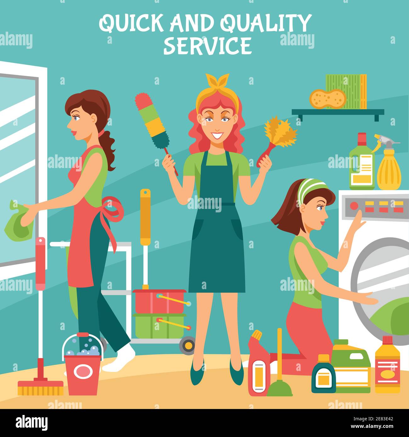 Cleaning background with quick and quality service symbols flat vector ...