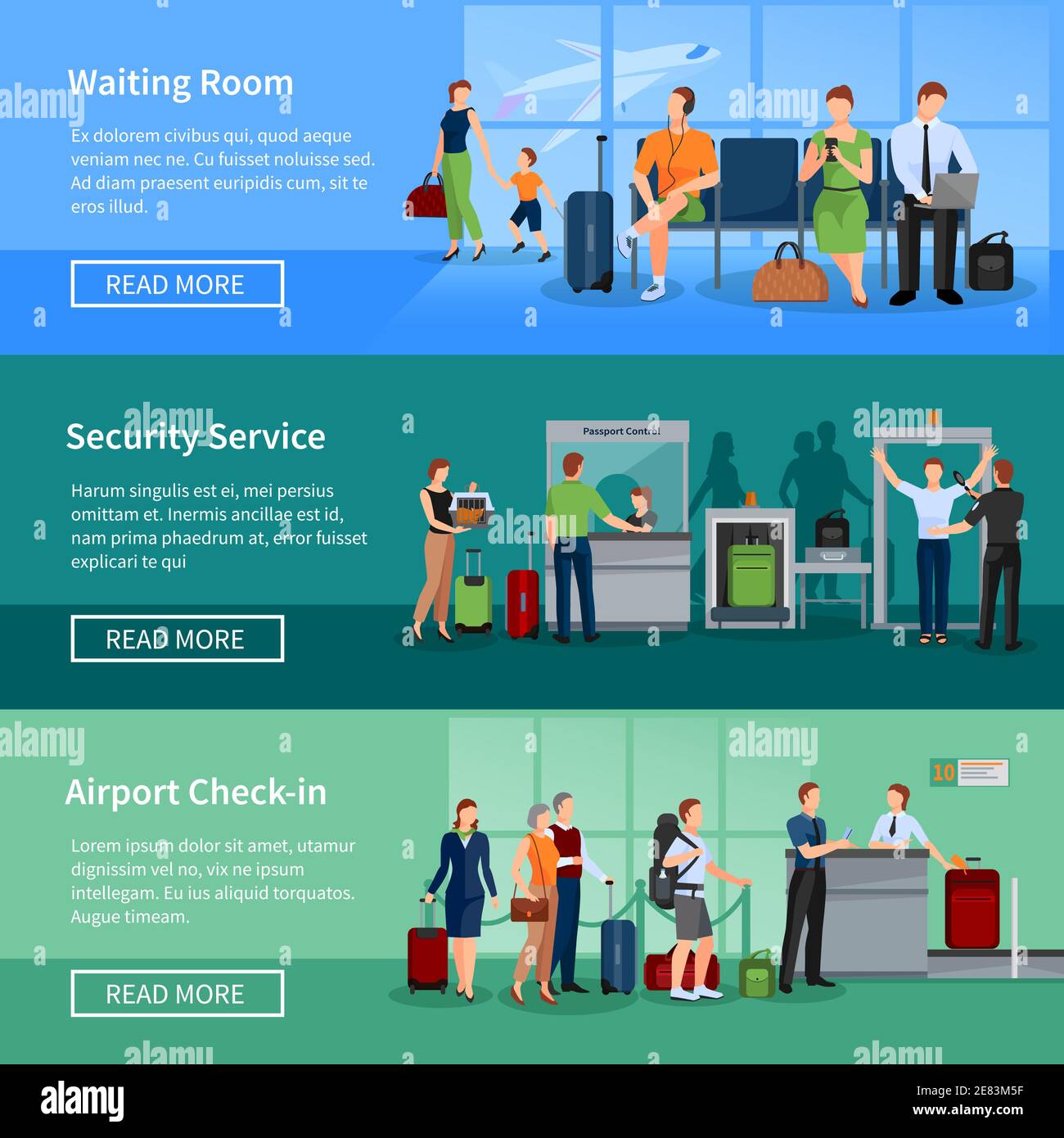 Airport people flat horizontal banners set of passengers in waiting ...