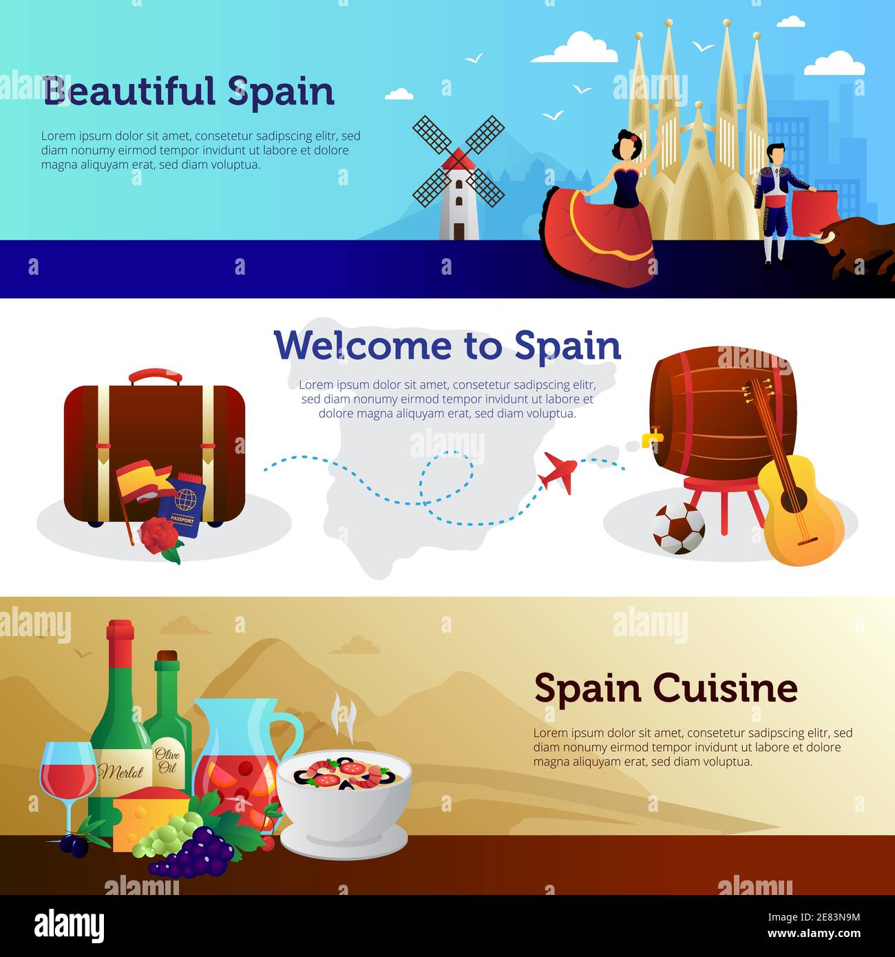 Welcome to spain informative colorful horizontal banners set for ...