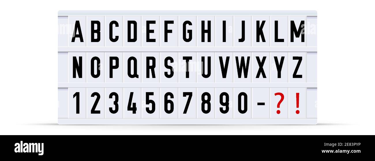 Alphabet, font displayed on a vintage letter board light box. Vector ...