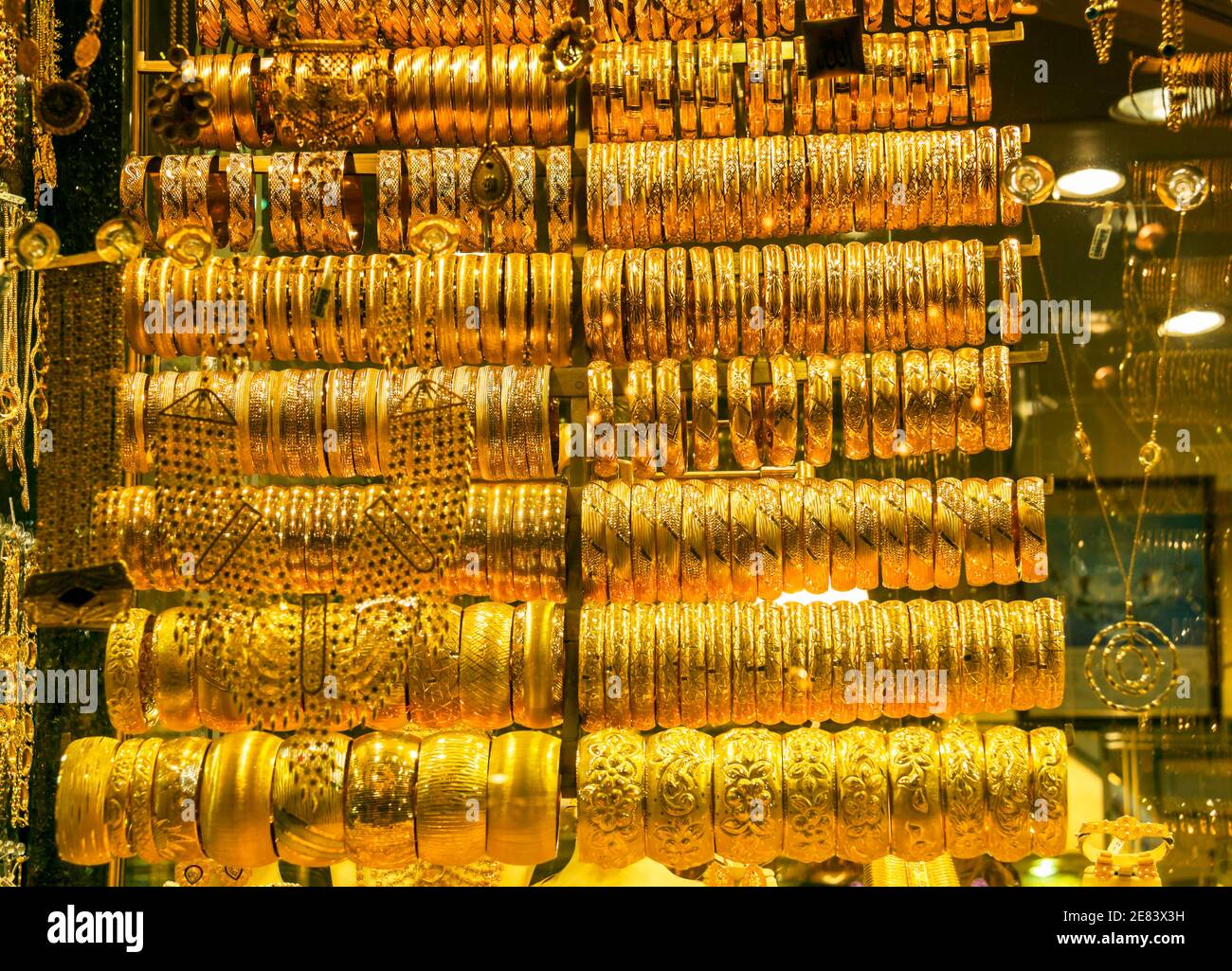 Rows of gold bracelets as a background in a jewelry store on the Grand ...