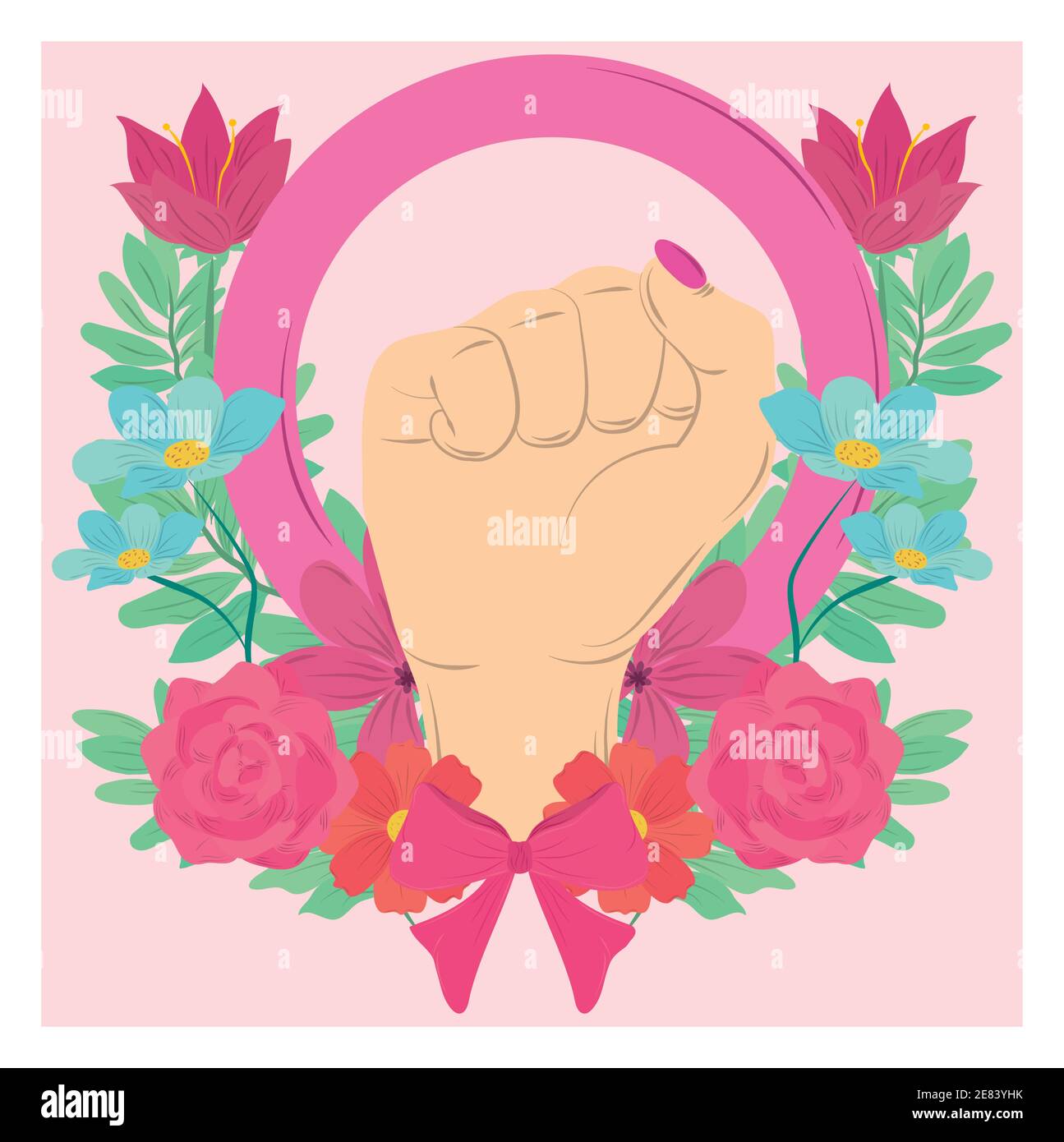female hand raised in fist flowers decoration, womens day greeting card ...