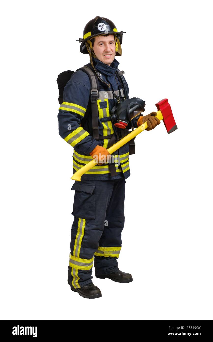 Smiling young man in firefighter uniform Stock Photo - Alamy