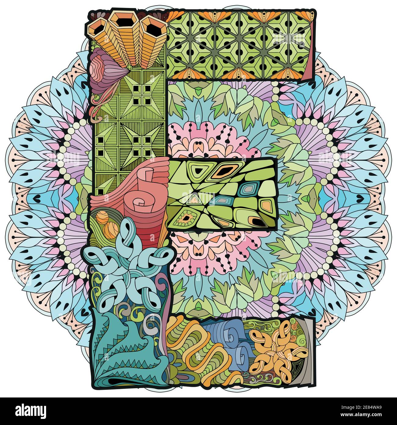 Hand-painted art design. Hand drawn illustration mandala with letter E ...