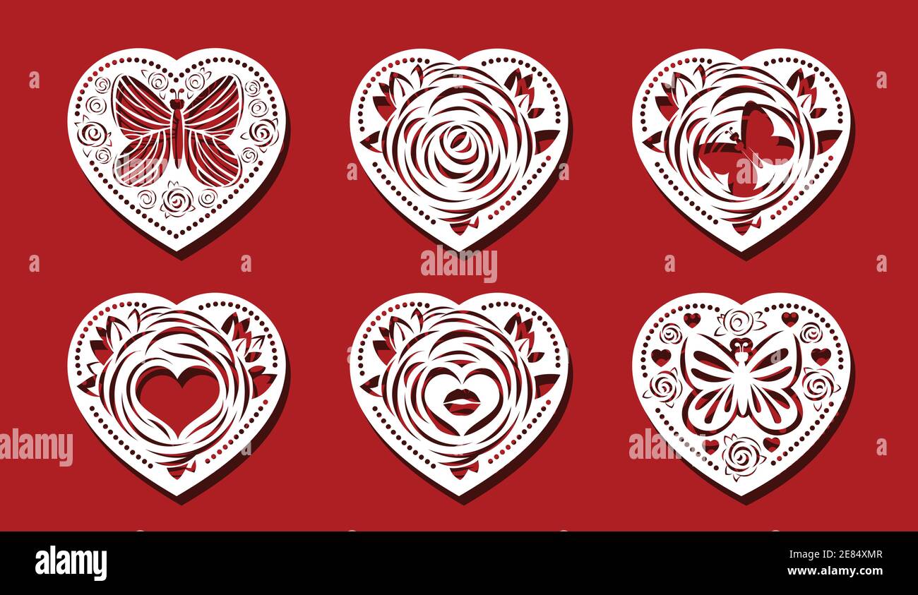 Heart cut on red background for laser cutting. Rose flower, butterfly ...