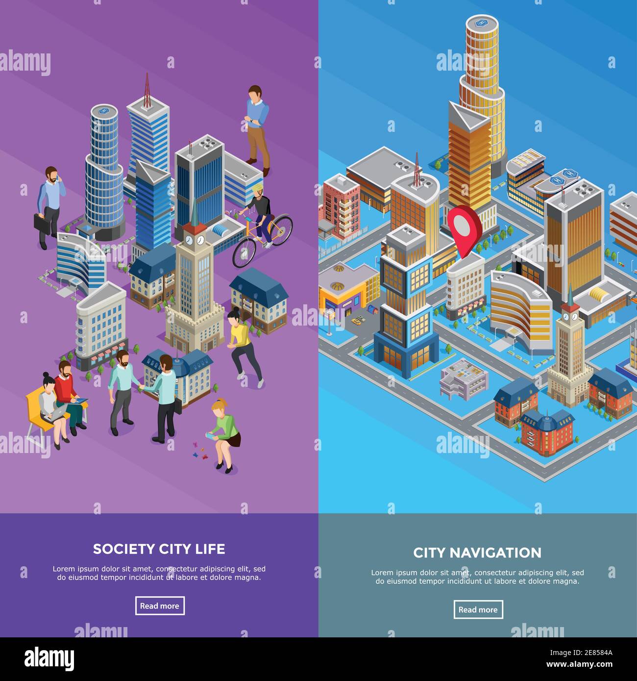 Vertical isometric city banners presenting society life and city ...