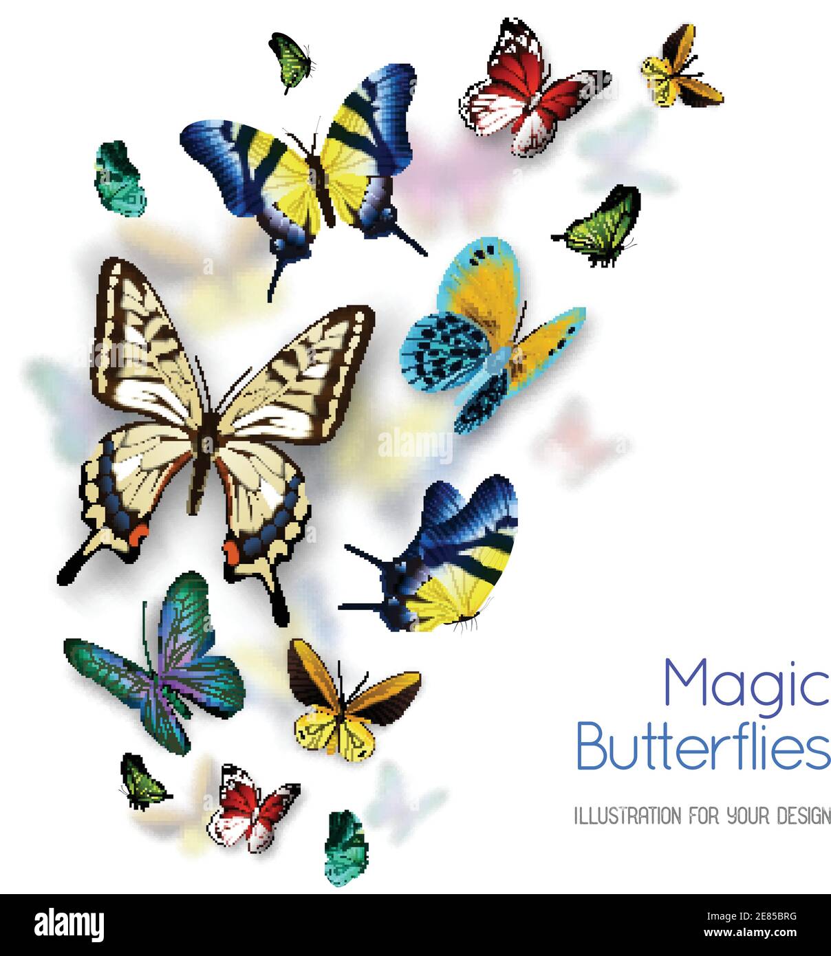 Small and big colorful magic butterflies isolated on white background ...
