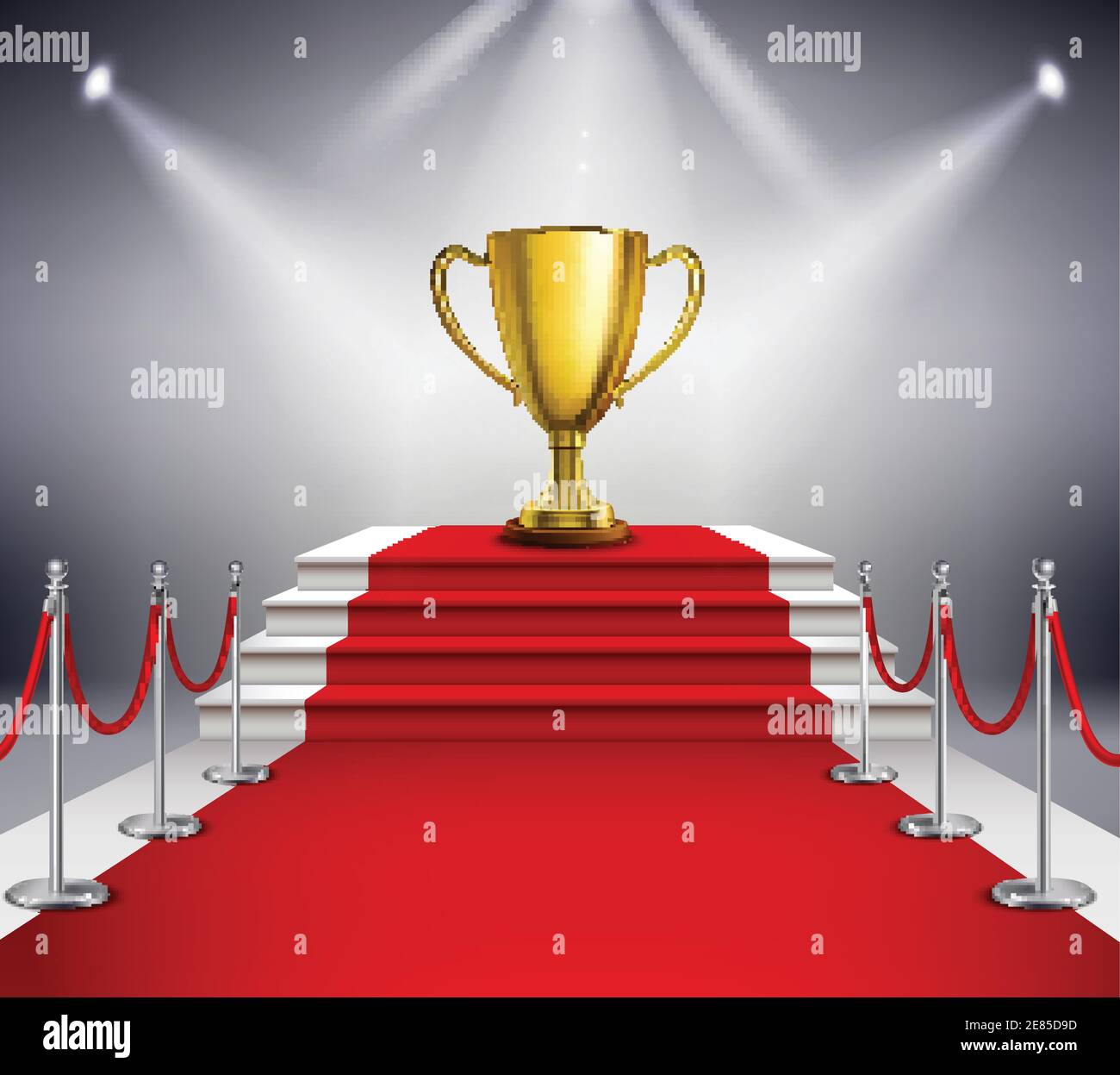 Golden trophy on white stairs covered with red carpet and illuminated ...