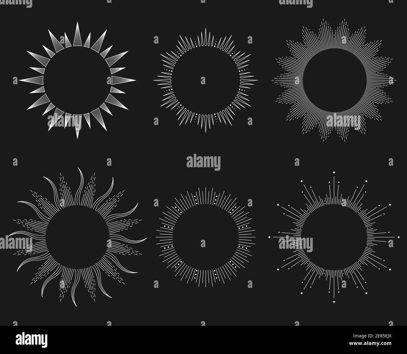Set of 6 sun frames. Templates for design with place for text. Stars ...