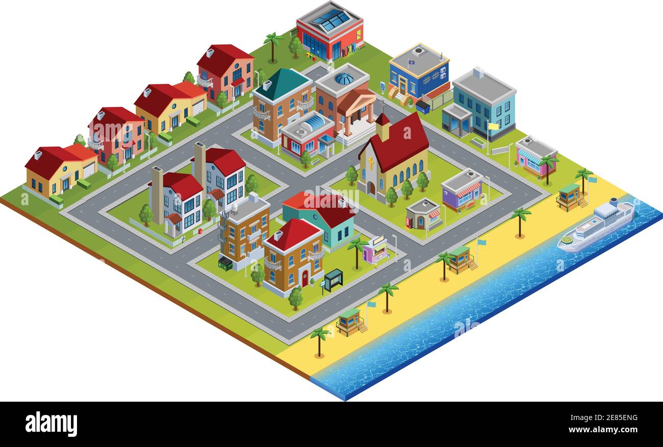 Isometric city with low-rise houses church and stores by sea with yacht ...