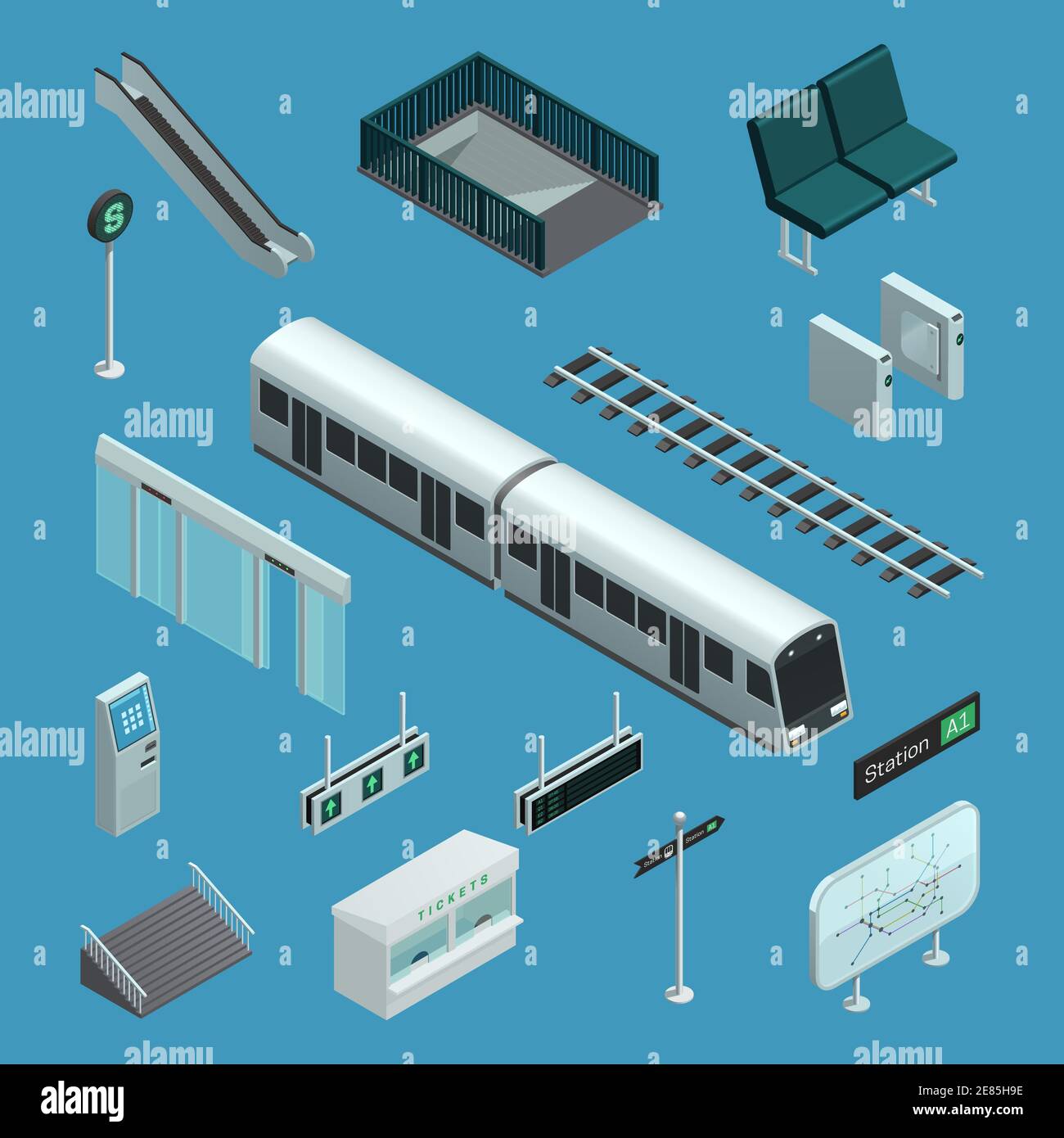 Set of color isometric icons depicting elements of subway vector ...