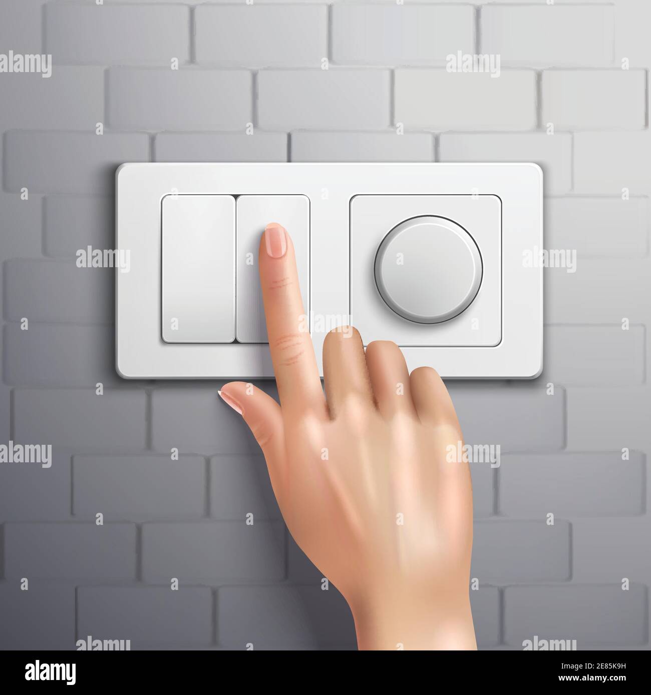 Realistic hand pressing switch with forefinger on grey brick wall ...