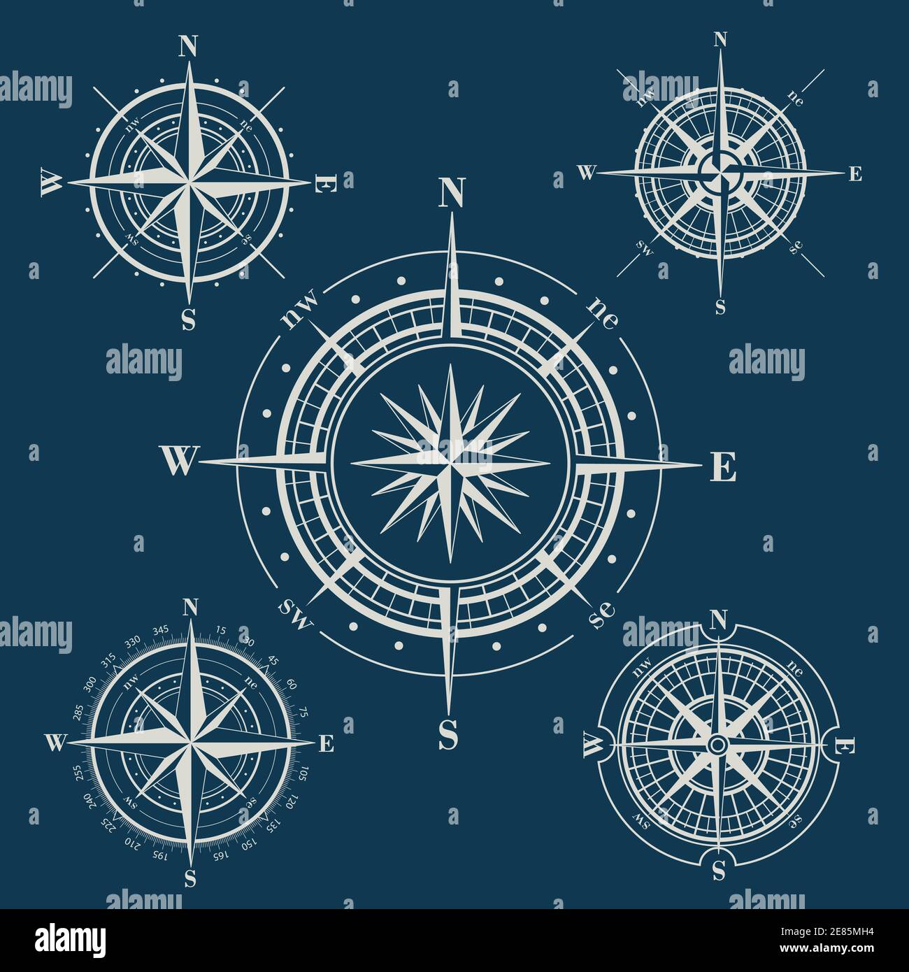 Set of compass roses or wind roses on blue background Stock Vector ...