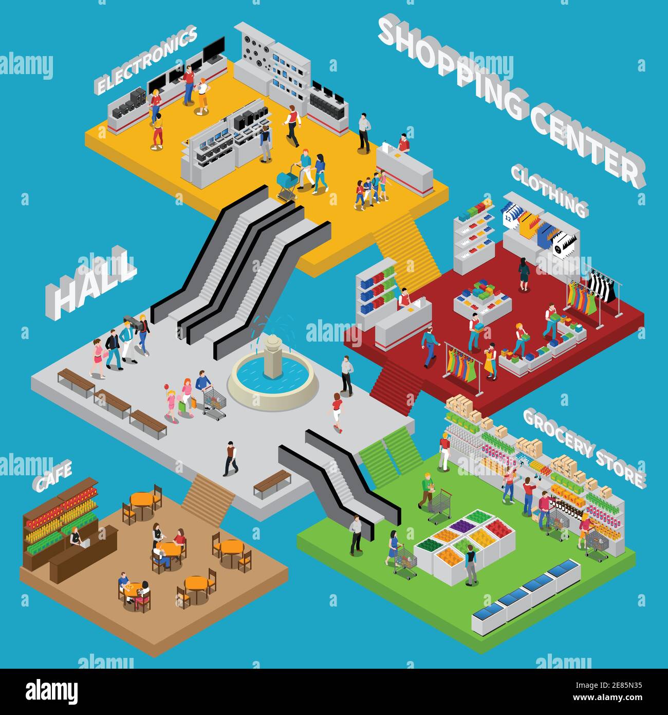Shopping center isometric composition with hall cafe grocery and ...