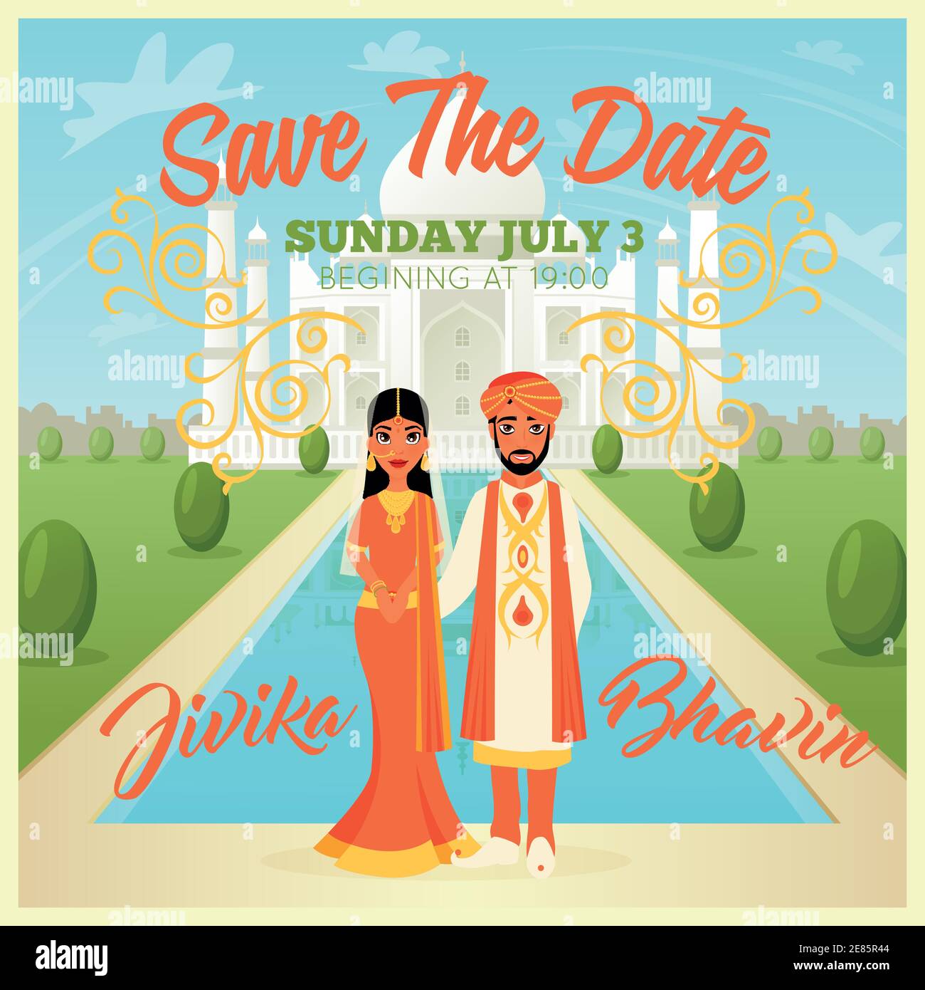 Indians wedding couple invitation poster on background with taj mahal ...