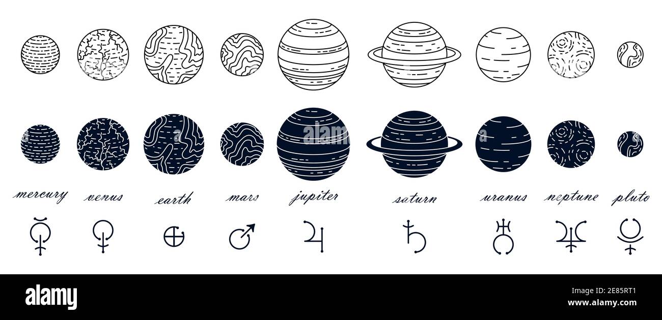 Set of vector planets. Astrology, astronomy. Mystery science Stock ...