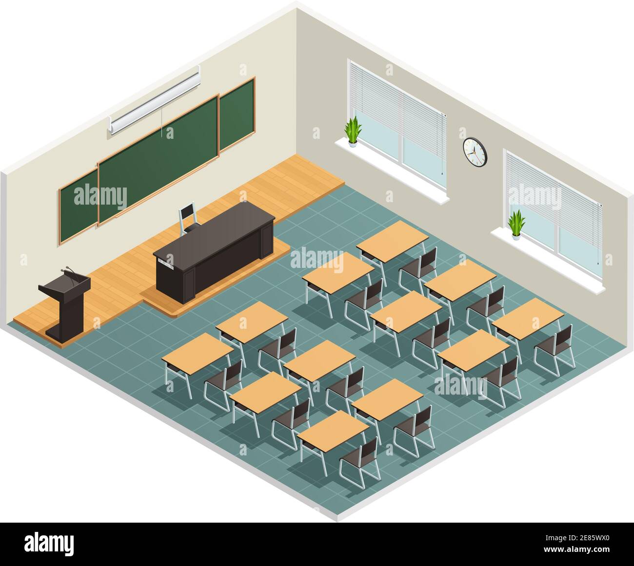 Lecture room with big chalk board desks massive black table for ...