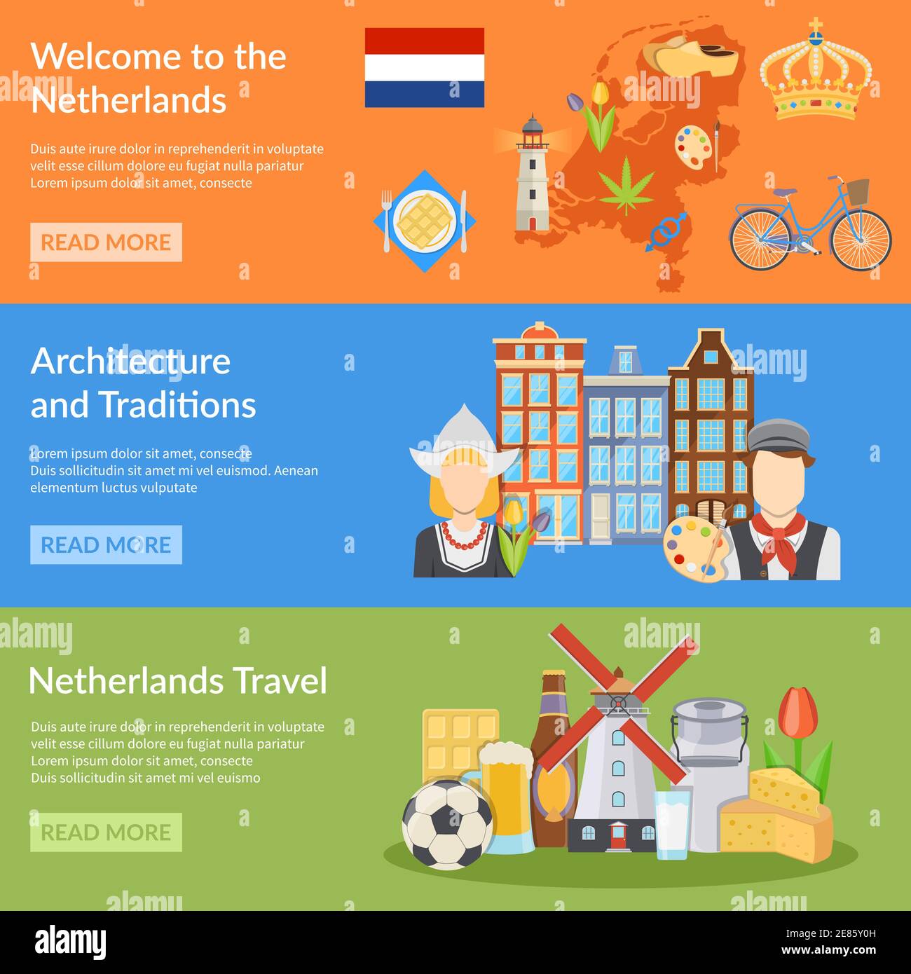 Horizontal colorful netherlands travel flat banners with map dutch ...