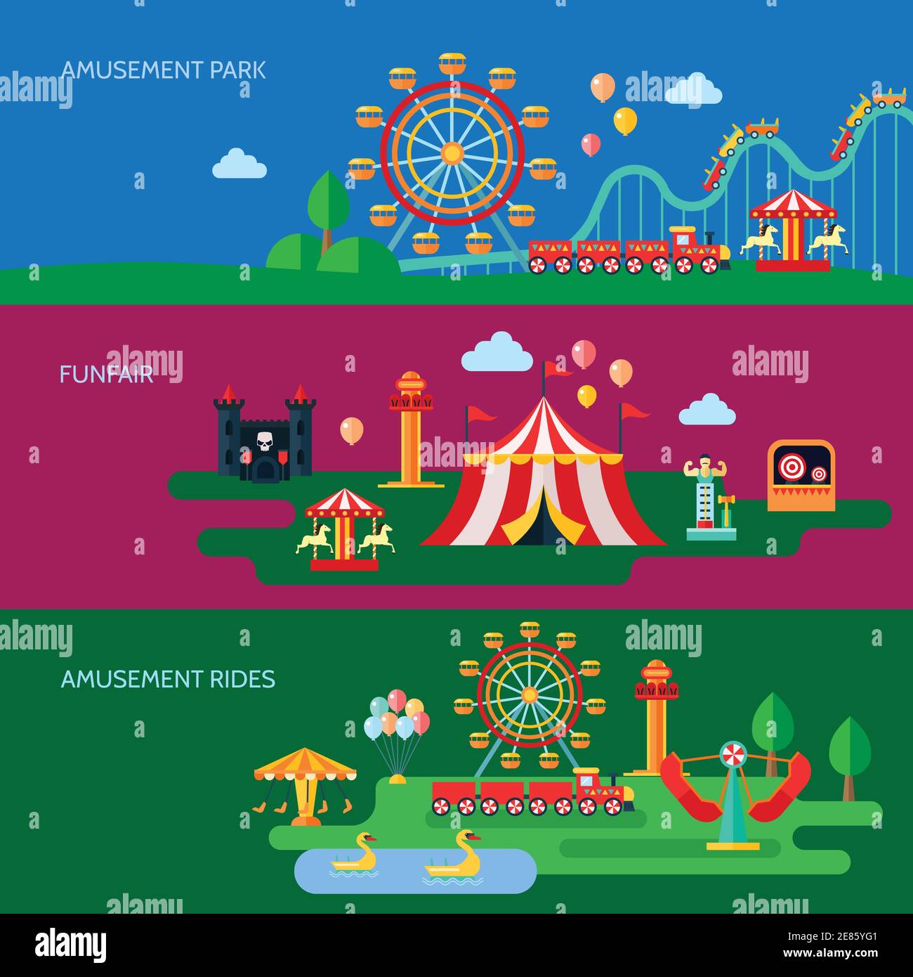 Amusement park horizontal banners set with funfair symbols flat ...