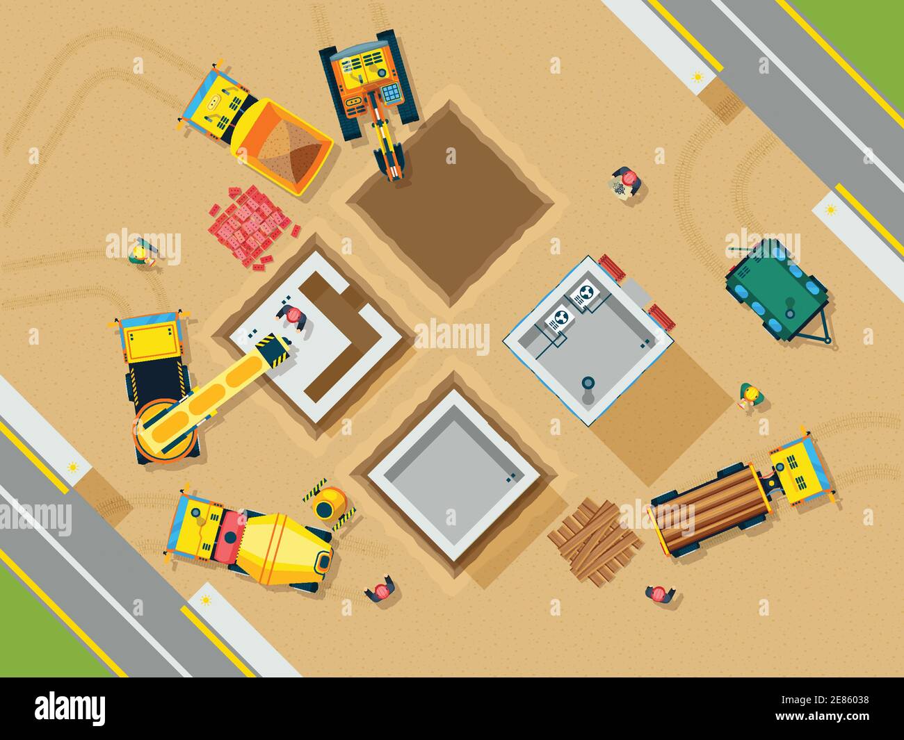 Construction and building top view with tools and machines flat vector ...