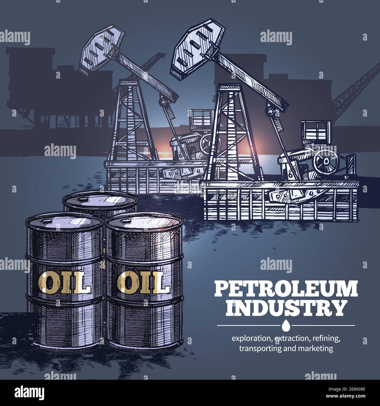 Oil industry hand drawn composition with barrels of petroleum in ...