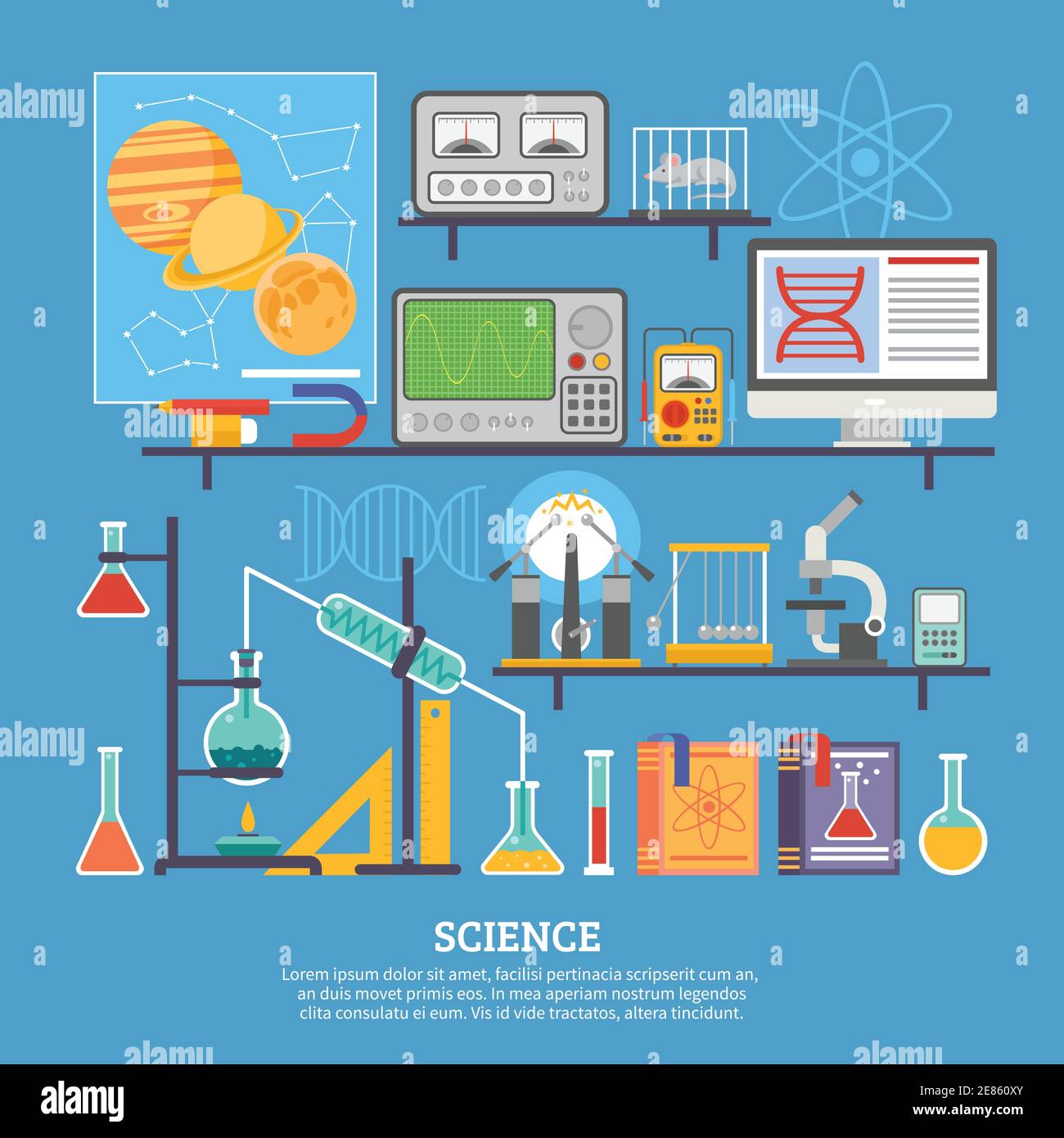Biochemistry scientific research laboratory flat poster with microscope ...