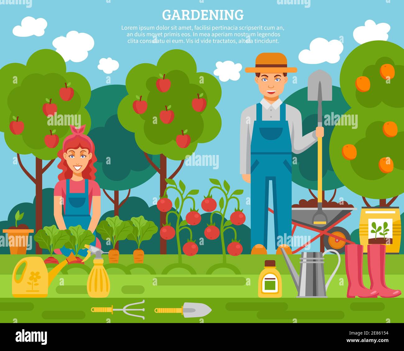Farmer family concept colorful poster with growing fruits vegetables ...