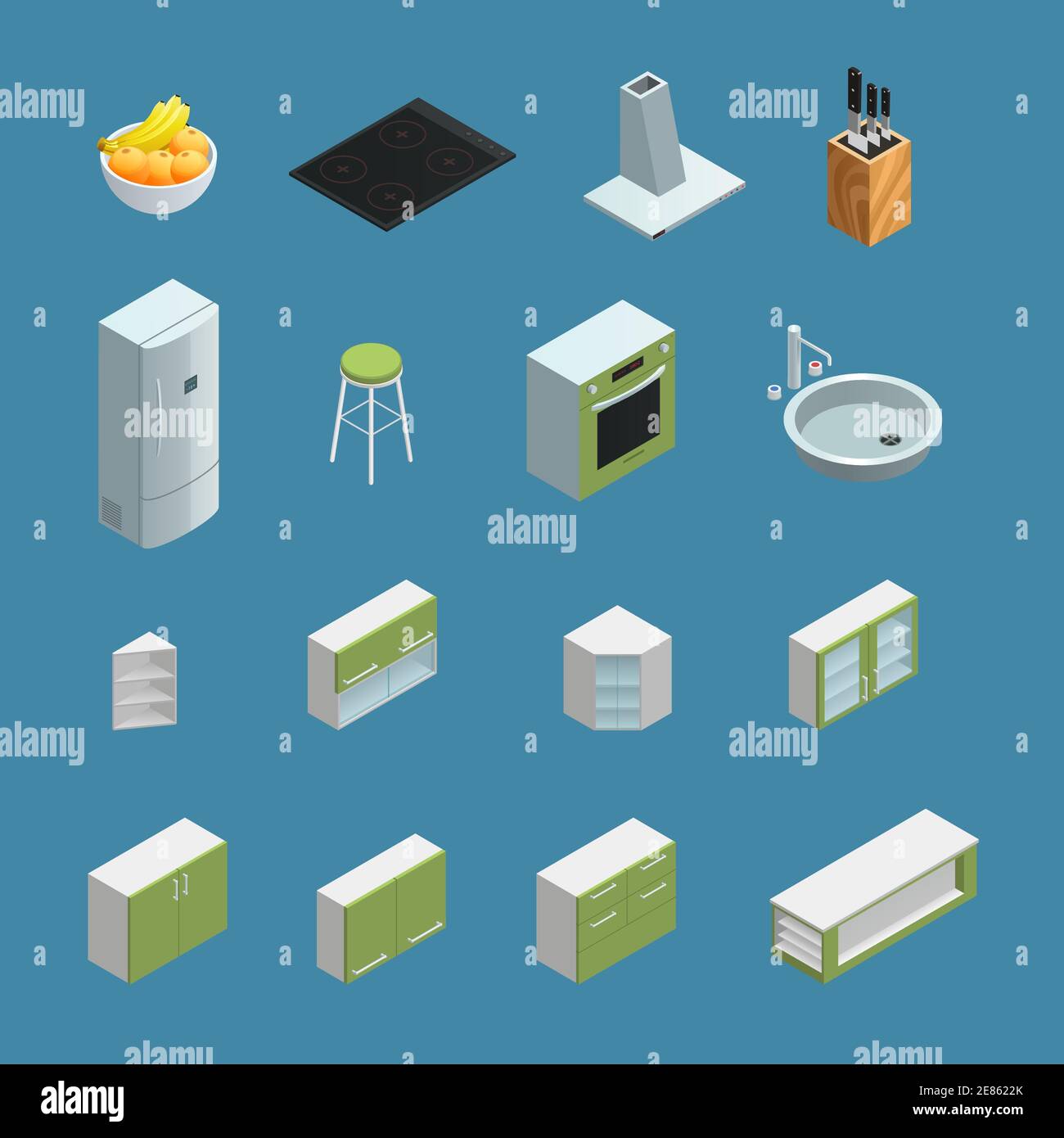 Color isometric icons depicting elements of kitchen interior with blue ...